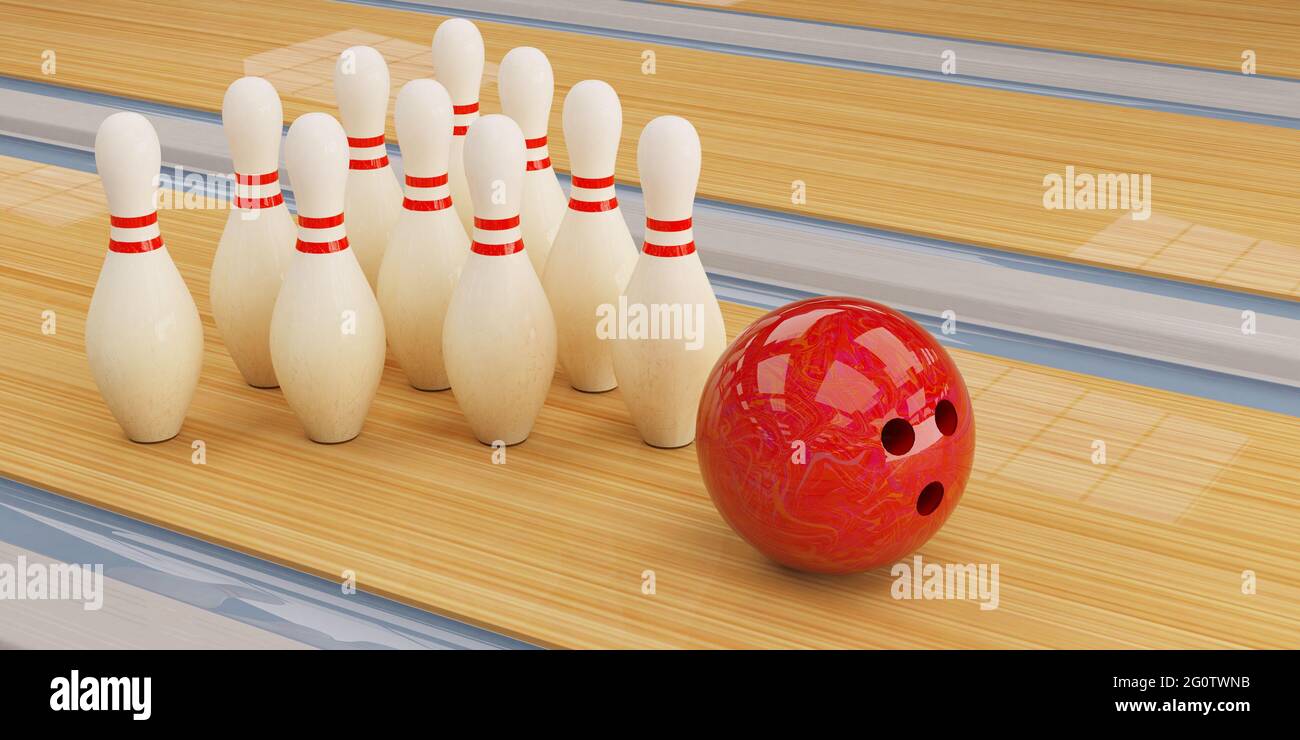 Bowling ball and skittles stand on the bowling track. 3D render Stock ...