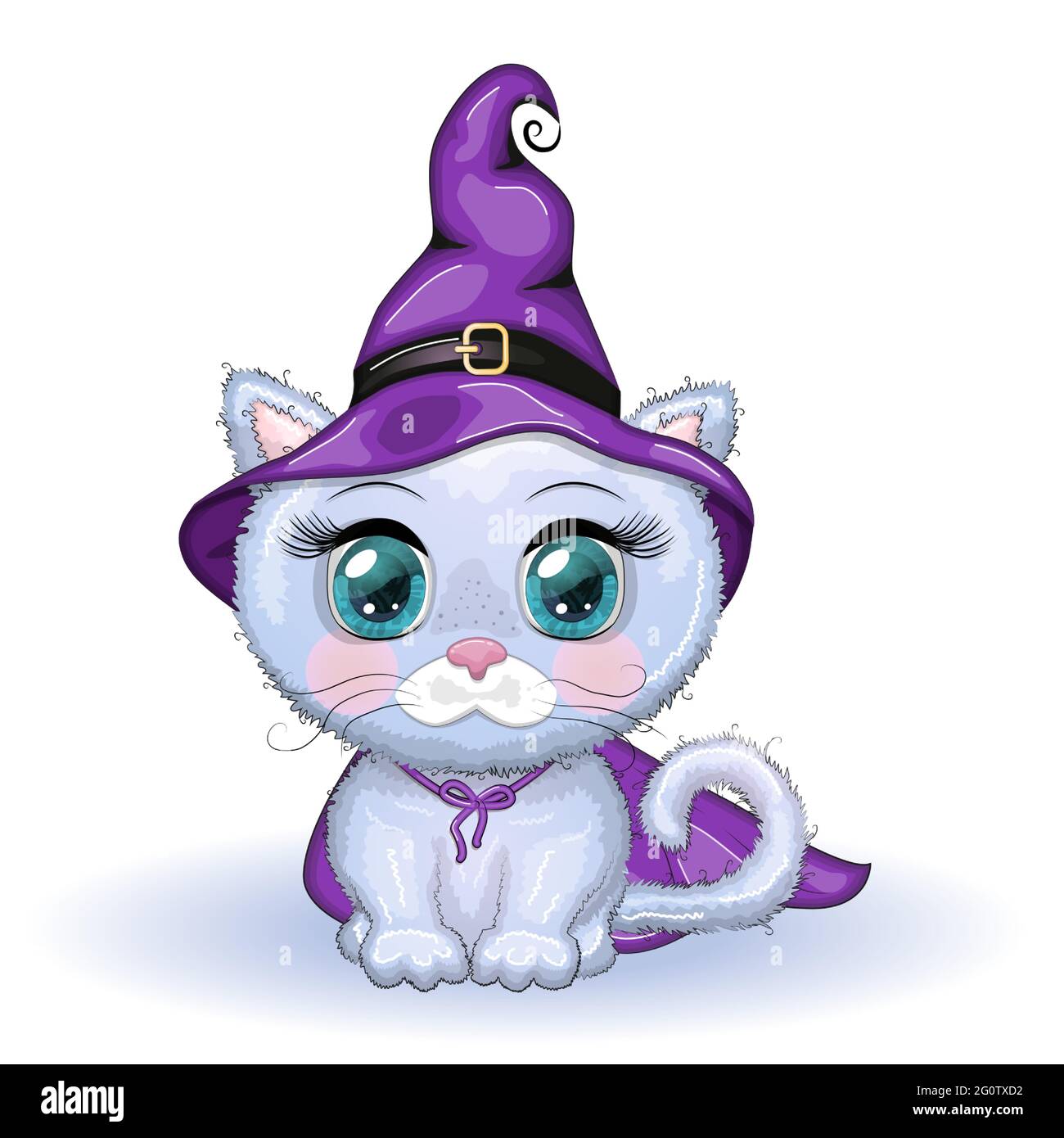 Cartoon cat wearing a purple witch hat and cloak. Halloween poster ...