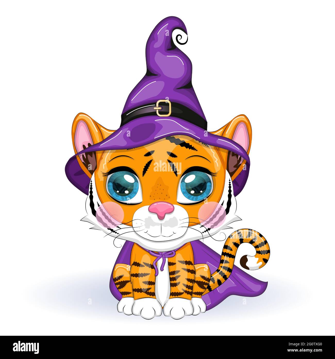 Cute cartoon tiger with beautiful eyes, orange in a purple witch's hat ...