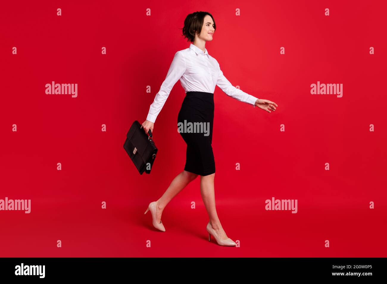 Full length body size side profile photo business woman walking forward ...