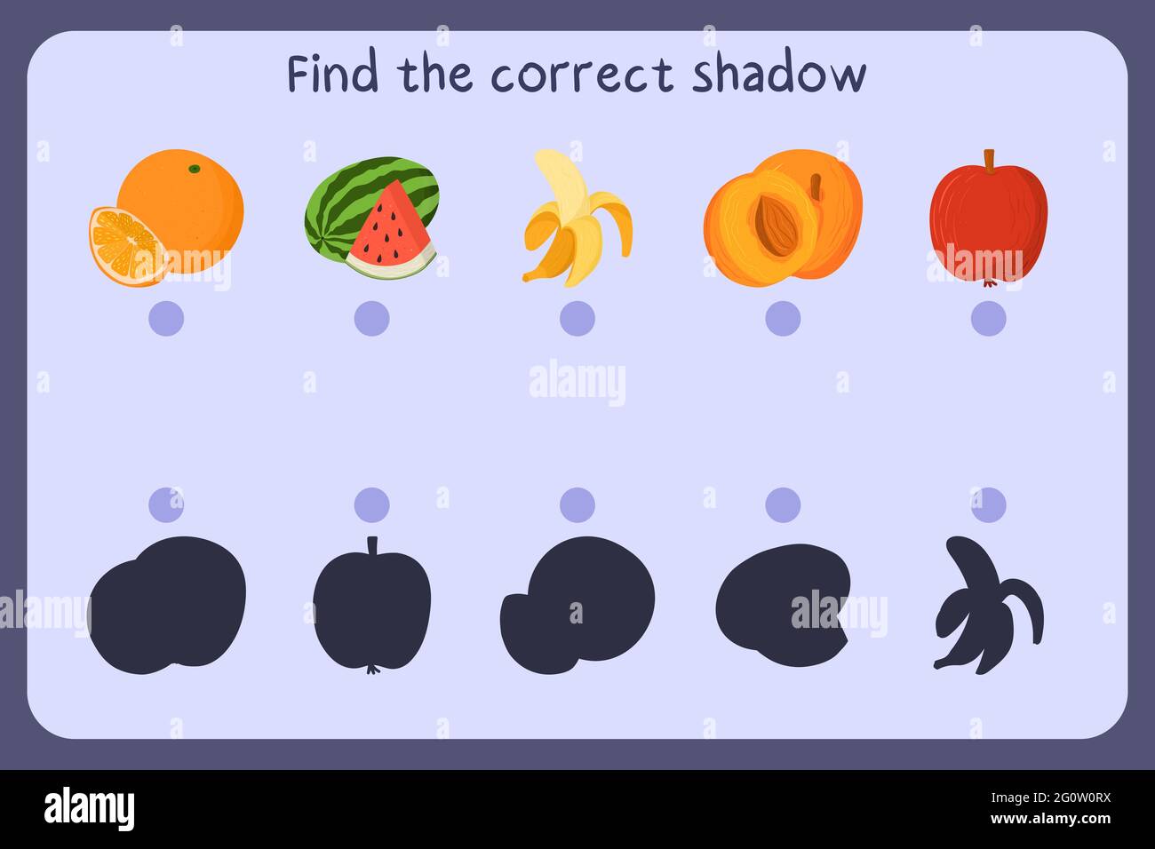Matching children educational game with food - orange, banana, apricot ...