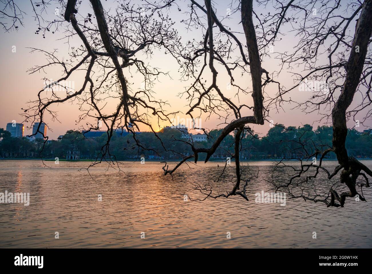 Turtle Tower, the symbol of Vietnam, at twilight period at Hoan Kiem ...