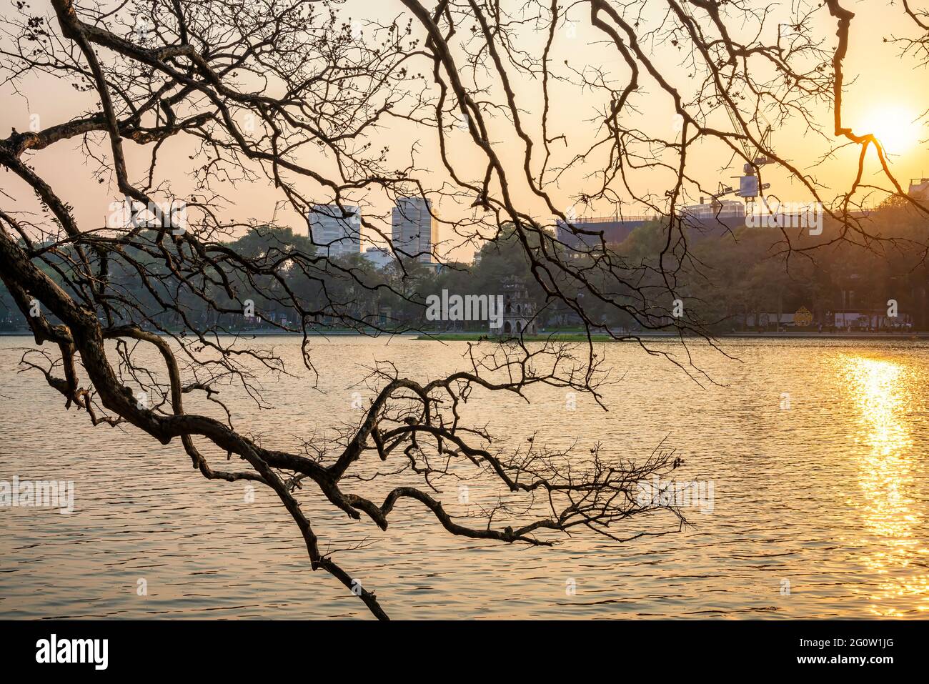 Turtle Tower, the symbol of Vietnam, at twilight period at Hoan Kiem ...