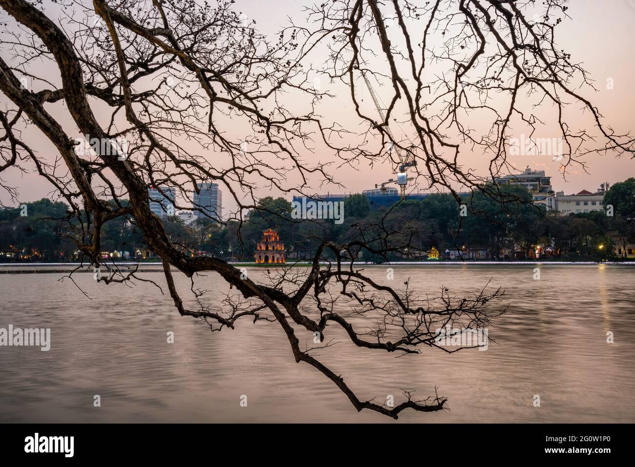 Turtle Tower, the symbol of Vietnam, at twilight period at Hoan Kiem ...