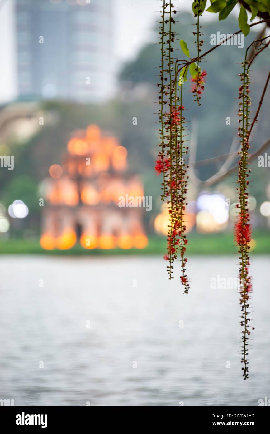 Turtle Tower, the symbol of Vietnam, at twilight period at Hoan Kiem ...