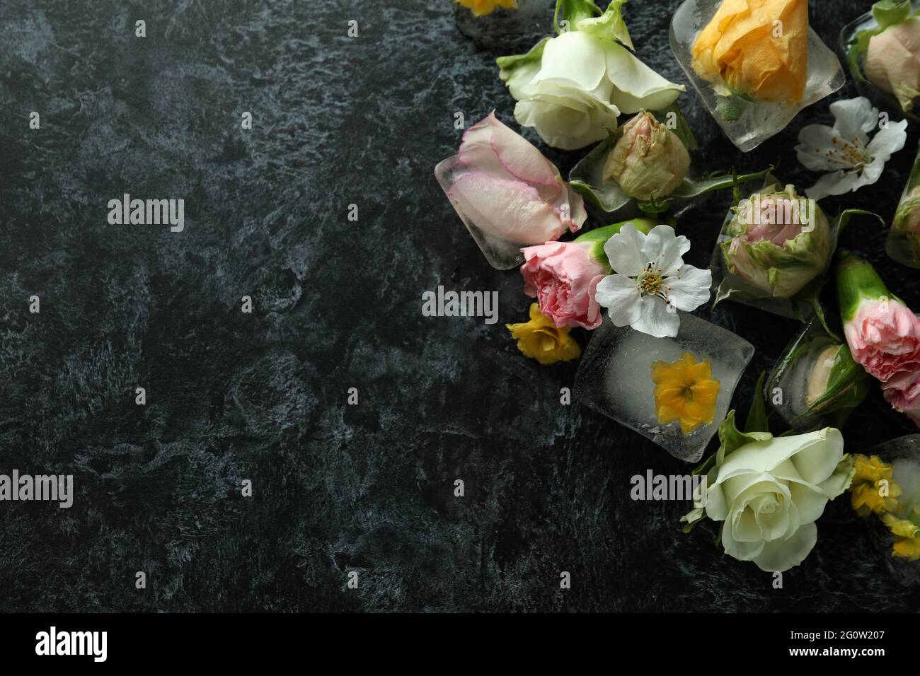 Flowers and ice cubes on black smokey background Stock Photo - Alamy