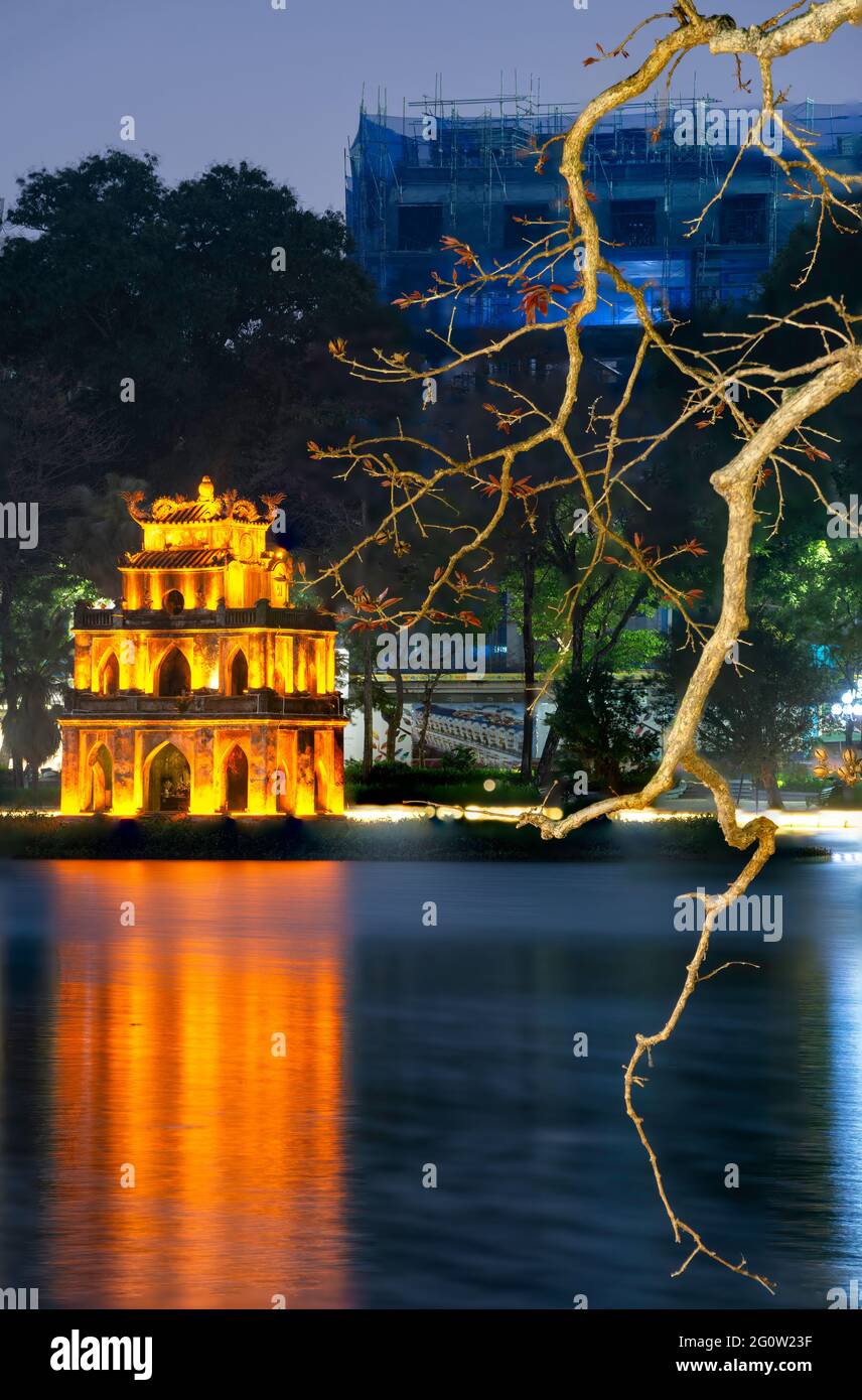 Turtle Tower, the symbol of Vietnam, at twilight period at Hoan Kiem ...