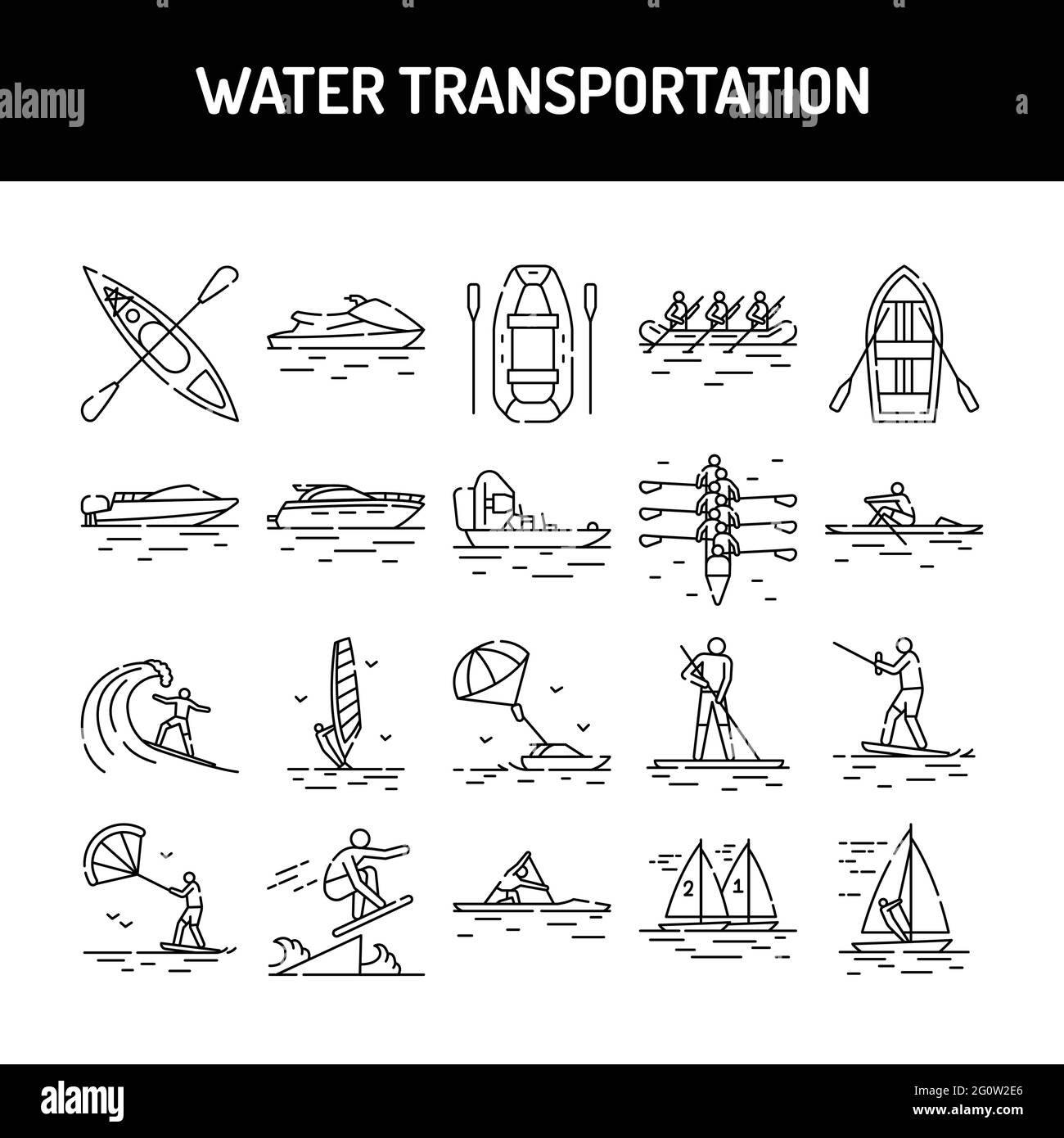 Water transportation line icons set. Isolated vector element. Outline pictograms for web page ...