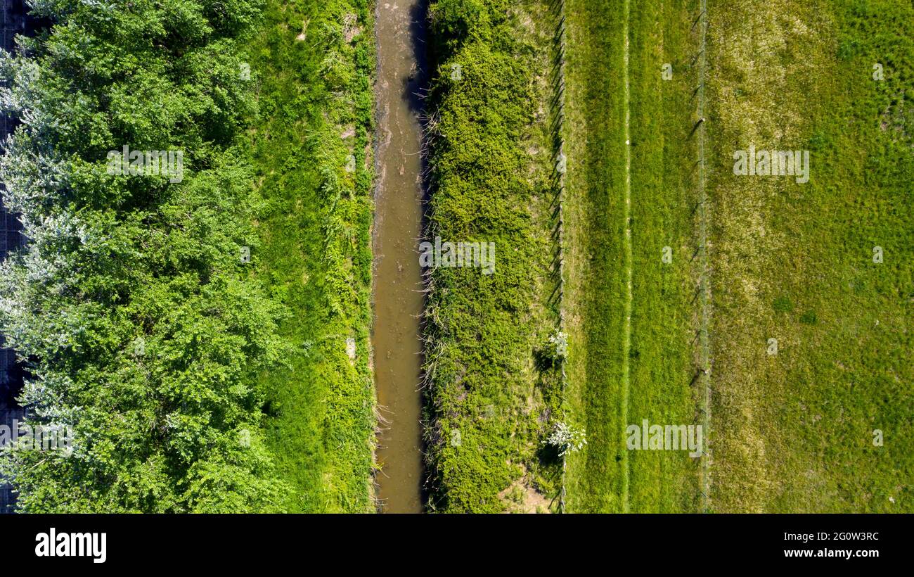 Aerial view looking straight down at a channel distributing water to ...
