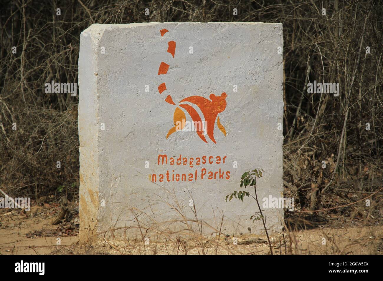Stone road sign for Madagascar National Parks, near Morondava ...