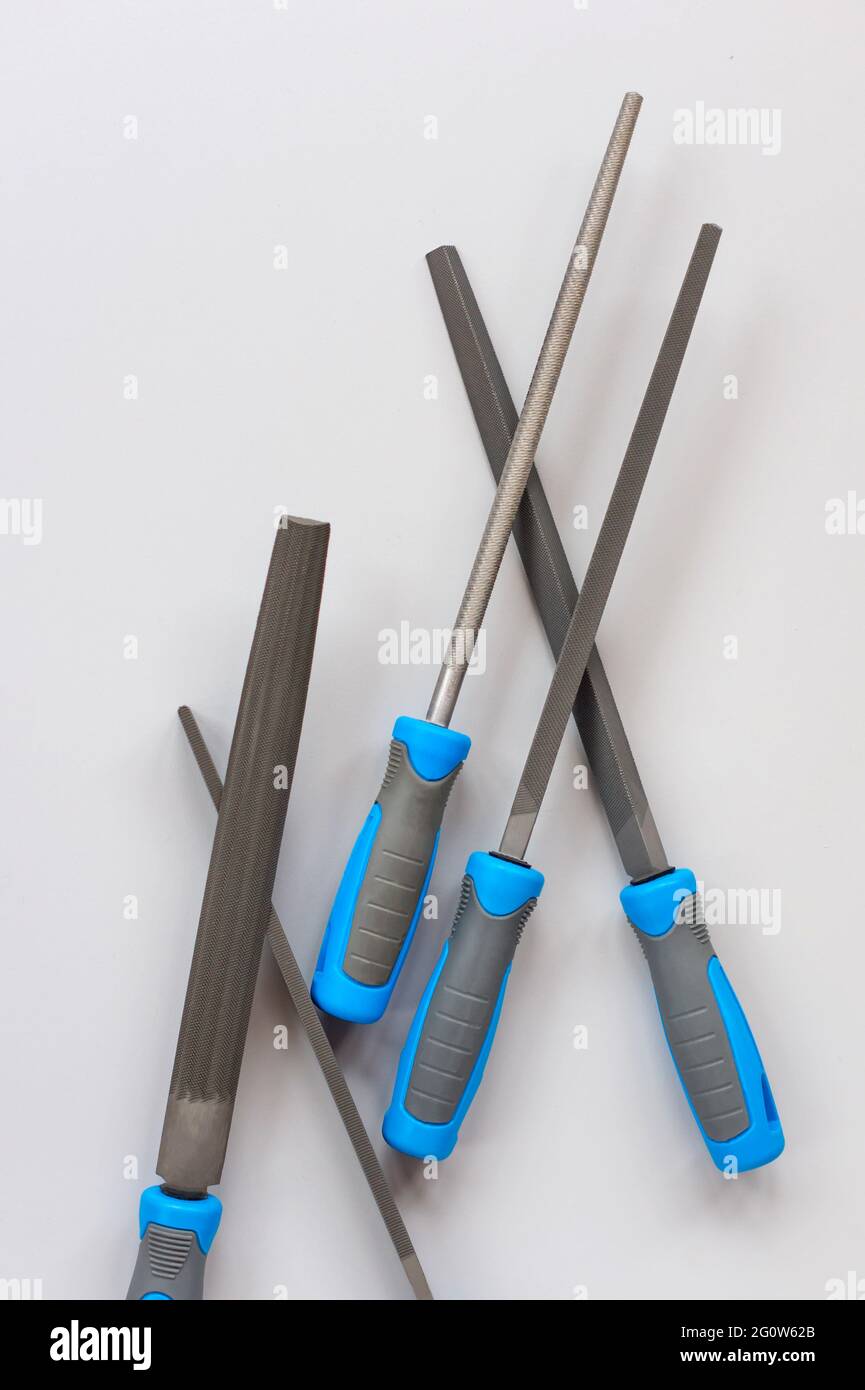 Set of new rasp files on gray background. Working tools layout Stock ...