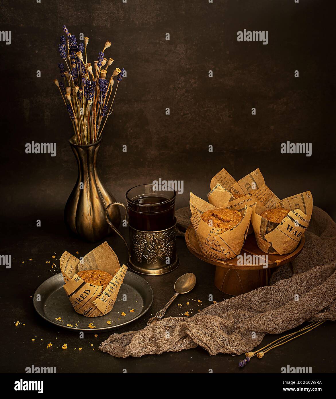 Vintage style food photography of muffins and tea Stock Photo - Alamy