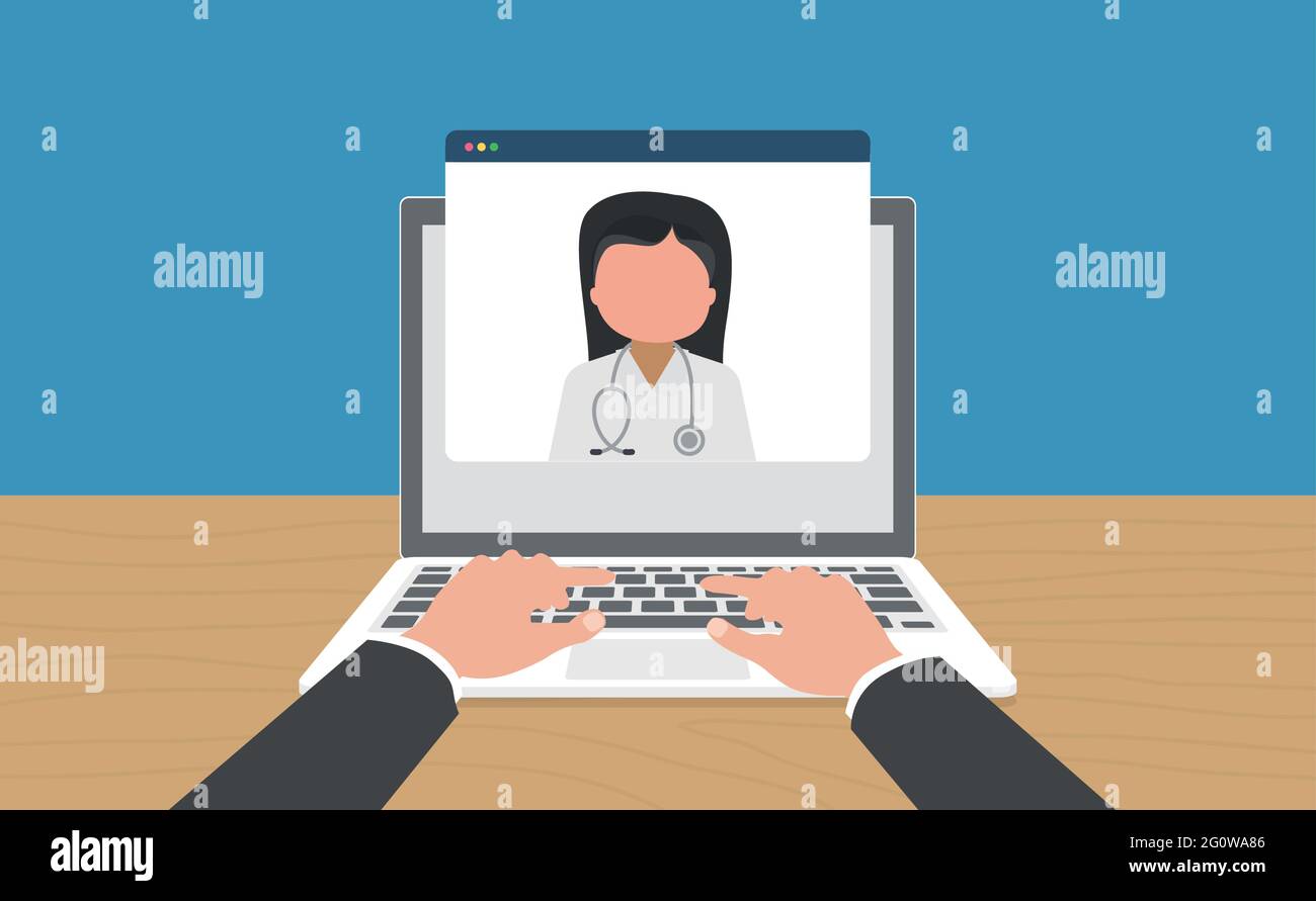 Laptop with doctor on screen during telemedicine doctor visit Stock ...