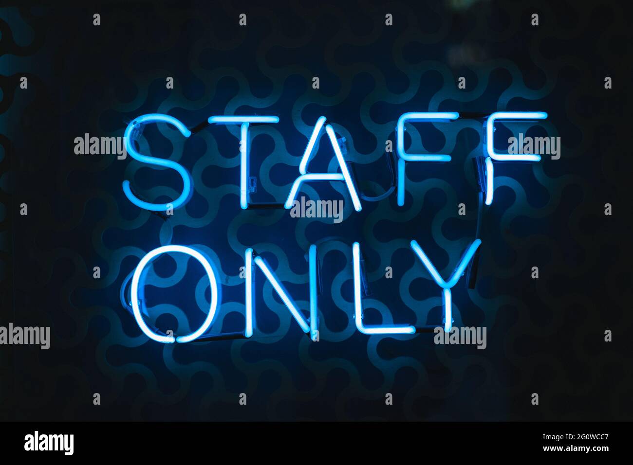 Neon letters, bright signboard staff only on a black wall close-up ...