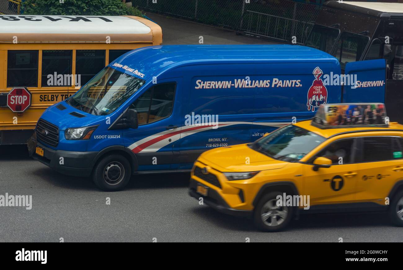 A Sherwin-Williams truck makes a delivery in Chelsea in New York on ...
