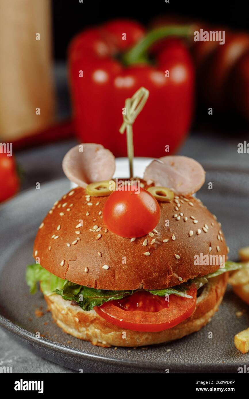 Children's burger in the form of a mouse. Burger from the children's ...