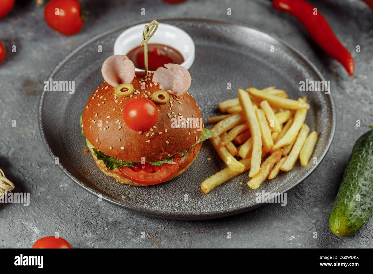 Children's burger in the form of a mouse. Burger from the children's ...