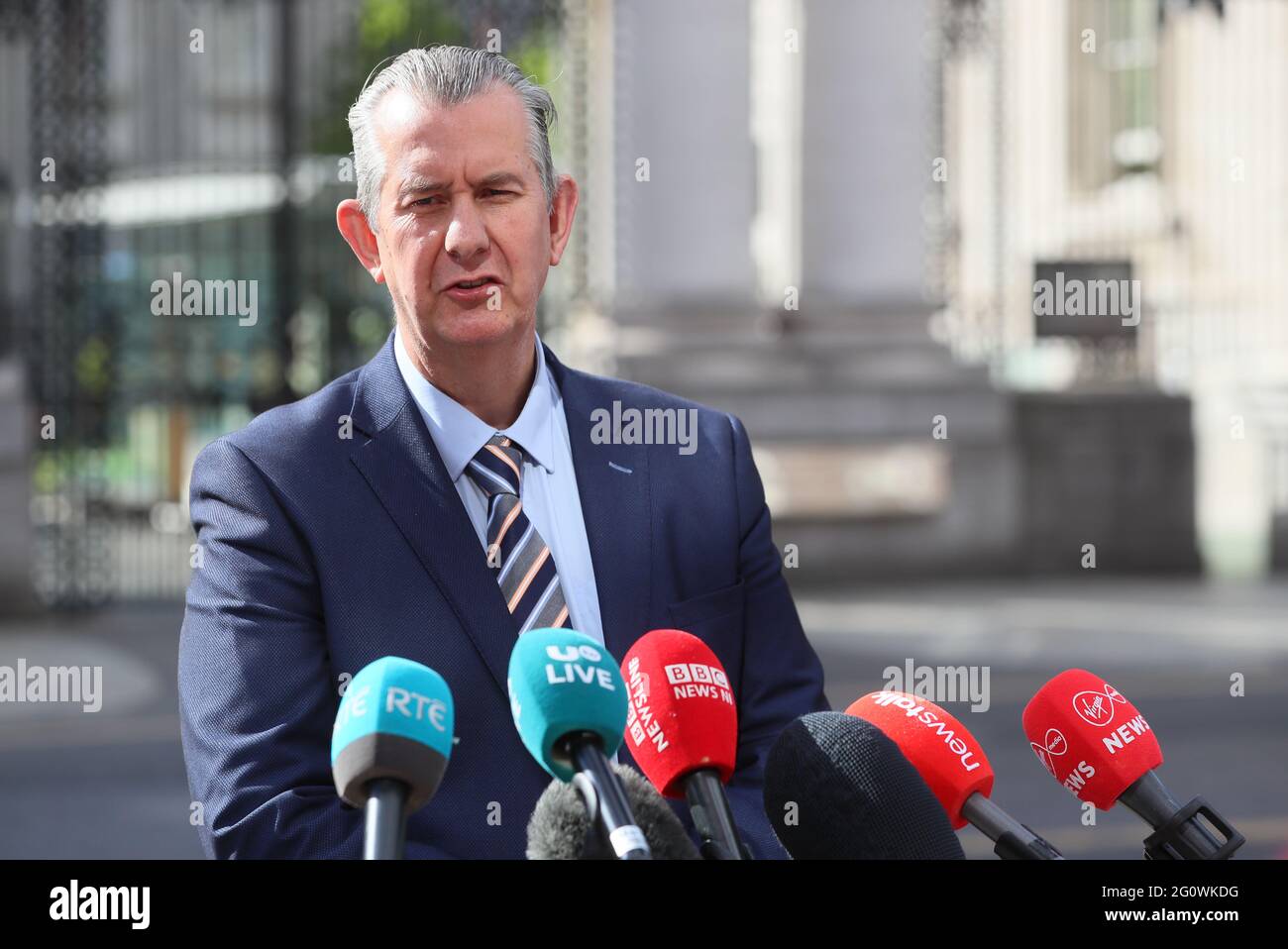 DUP leader Edwin Poots speaks to the media as he arrives at Government ...