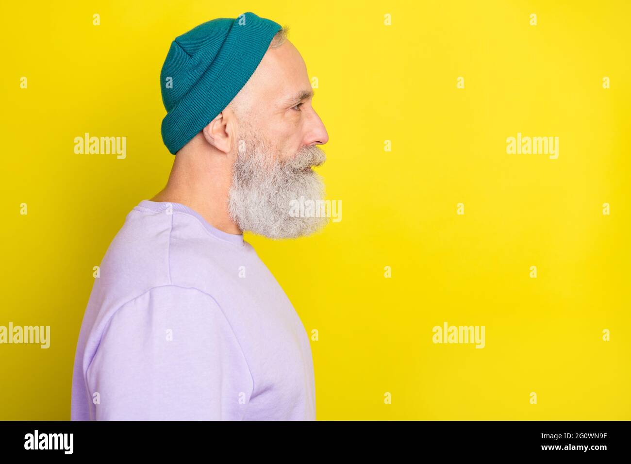 Photo of handsome pretty age gentleman wear violet sweater headwear ...