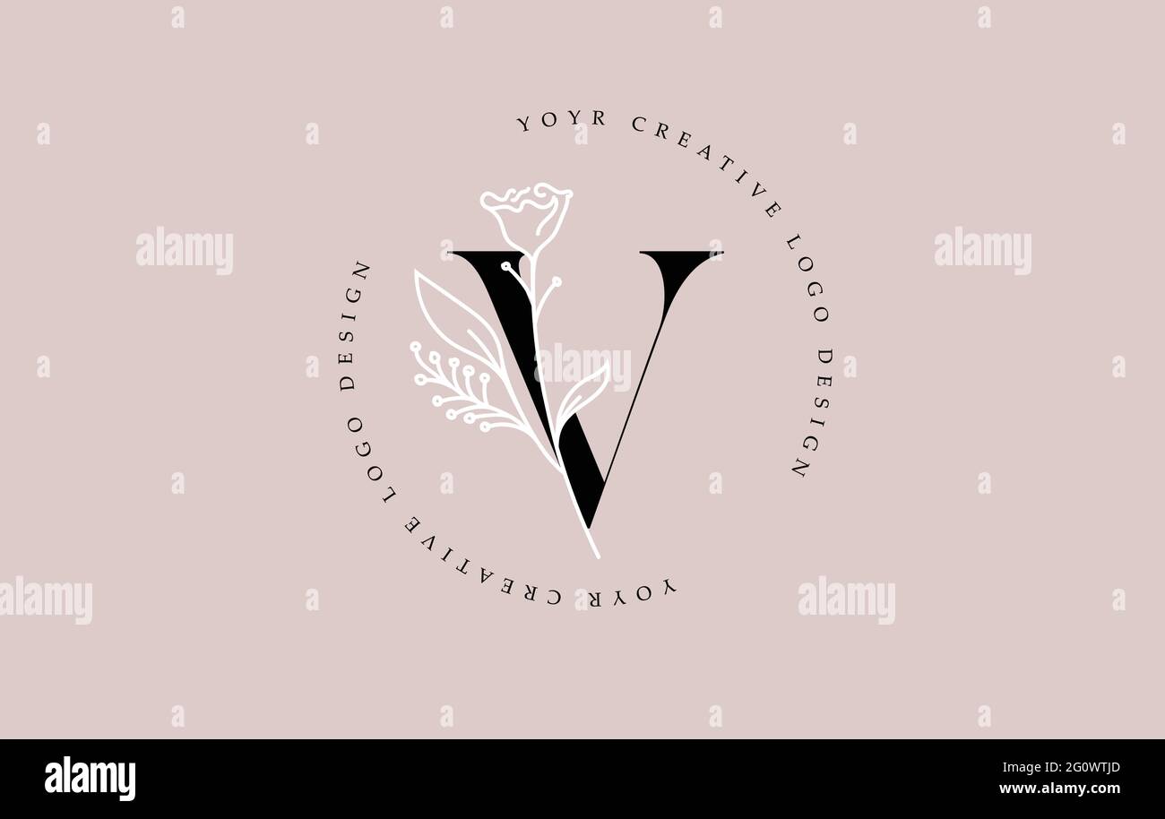 Elegant Vector Flower V Letter Design Logo with Floral Leaf Plant Idea ...