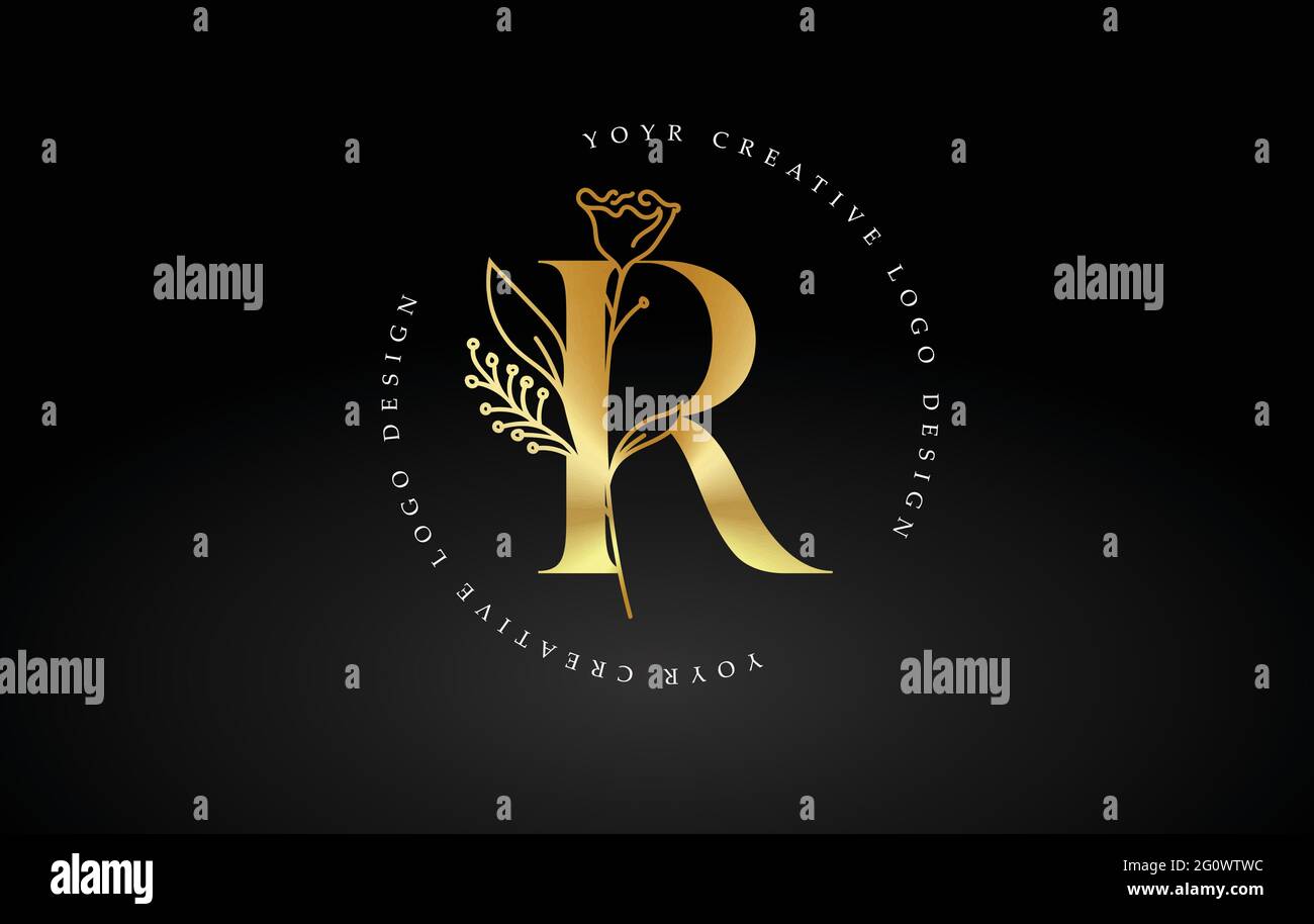 Golden Gold R Letter Design Logo with Floral Leaf Plant Idea for ...