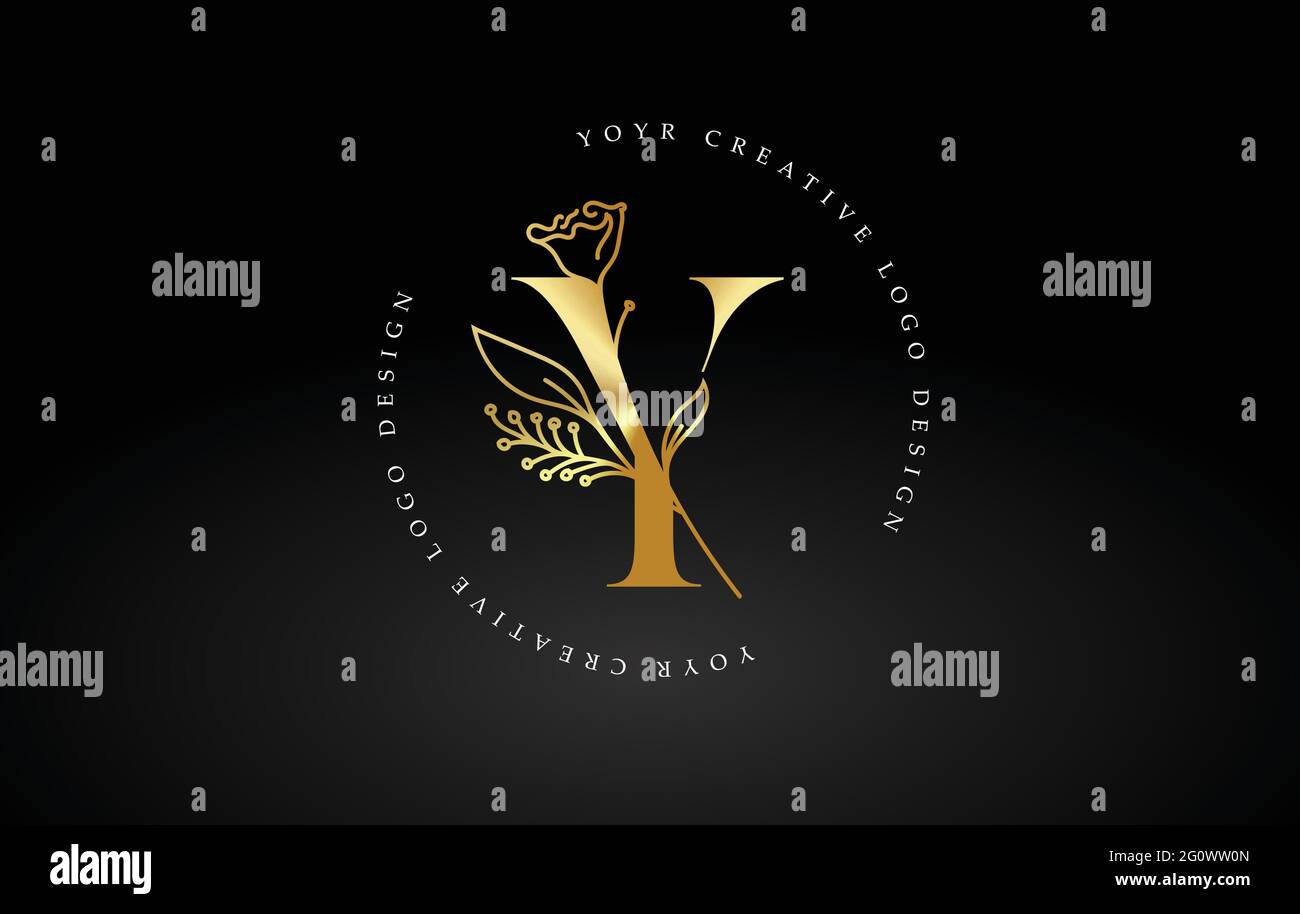 Golden Gold Y Letter Design Logo with Floral Leaf Plant Idea for ...