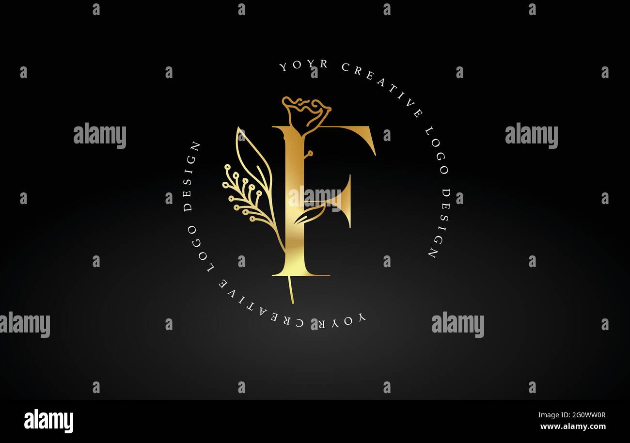 Golden Gold F Letter Design Logo with Floral Leaf Plant Idea for ...