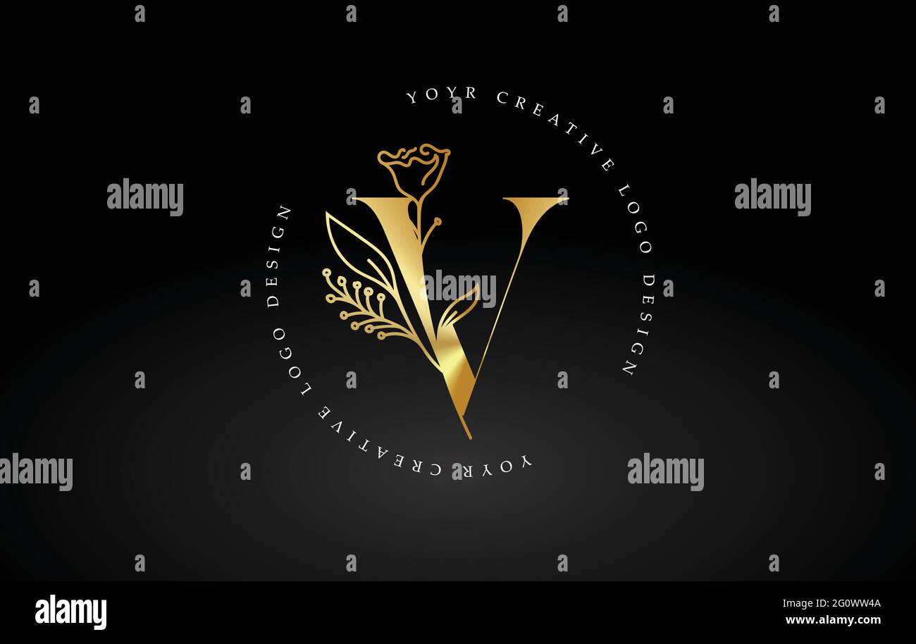 Golden Gold V Letter Design Logo with Floral Leaf Plant Idea for ...