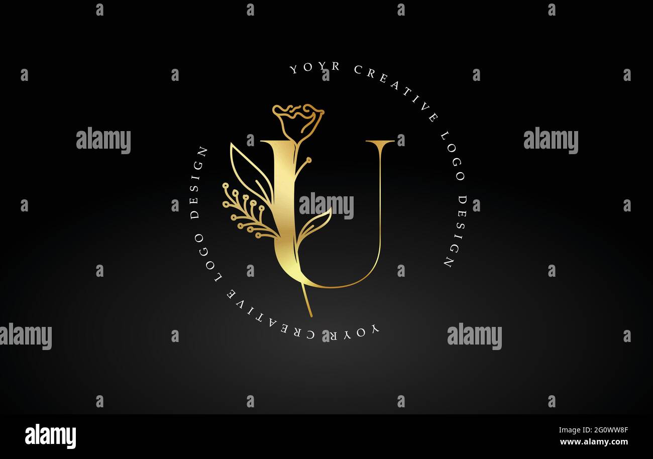 Golden Gold U Letter Design Logo with Floral Leaf Plant Idea for ...