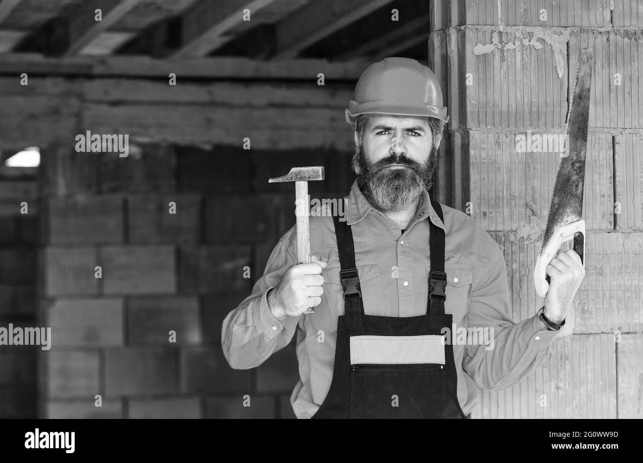 Architect engineer working house plan Black and White Stock Photos ...