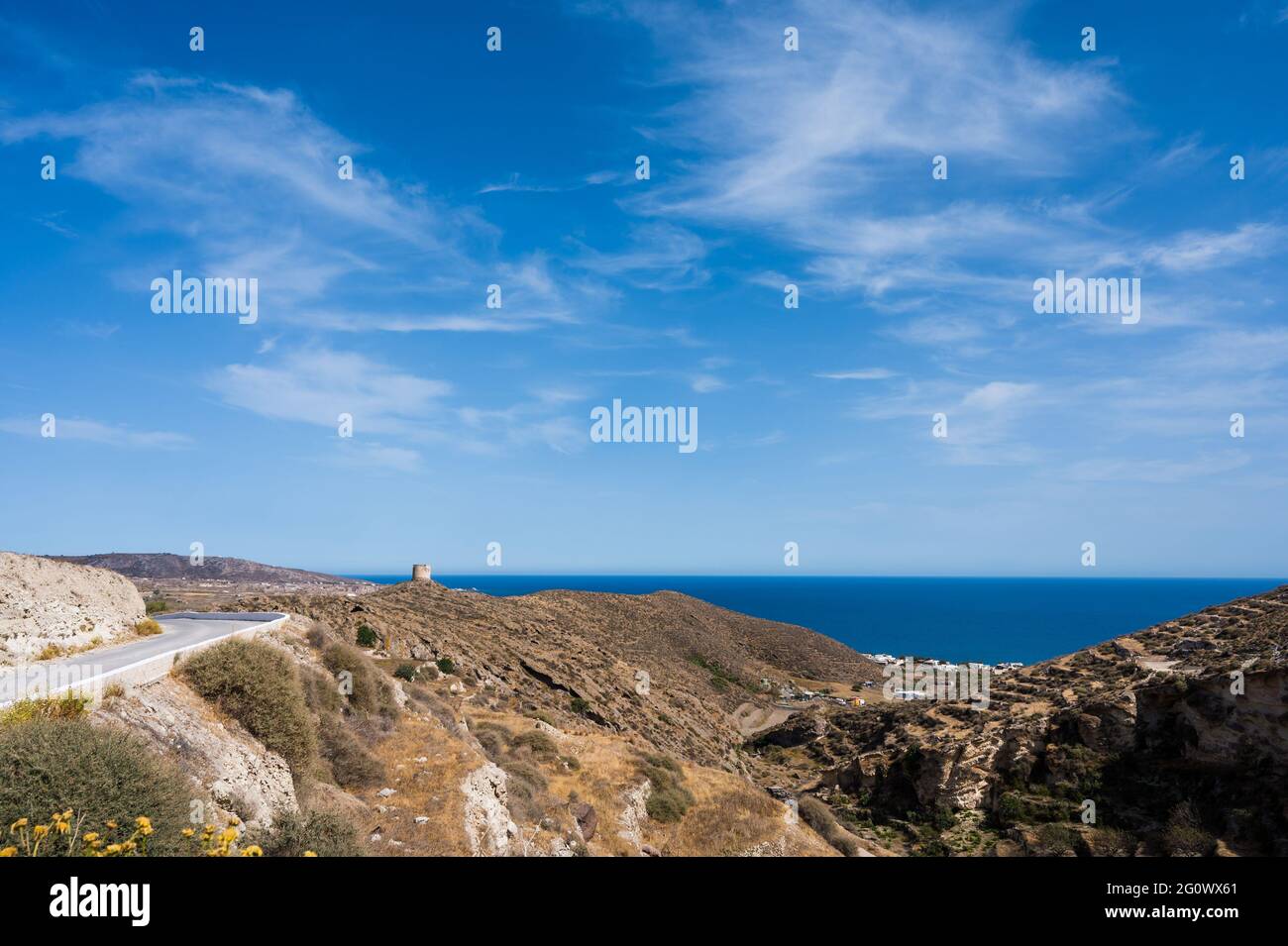 Scenic landscape of mountainous terrain on Santorini island, Greece ...