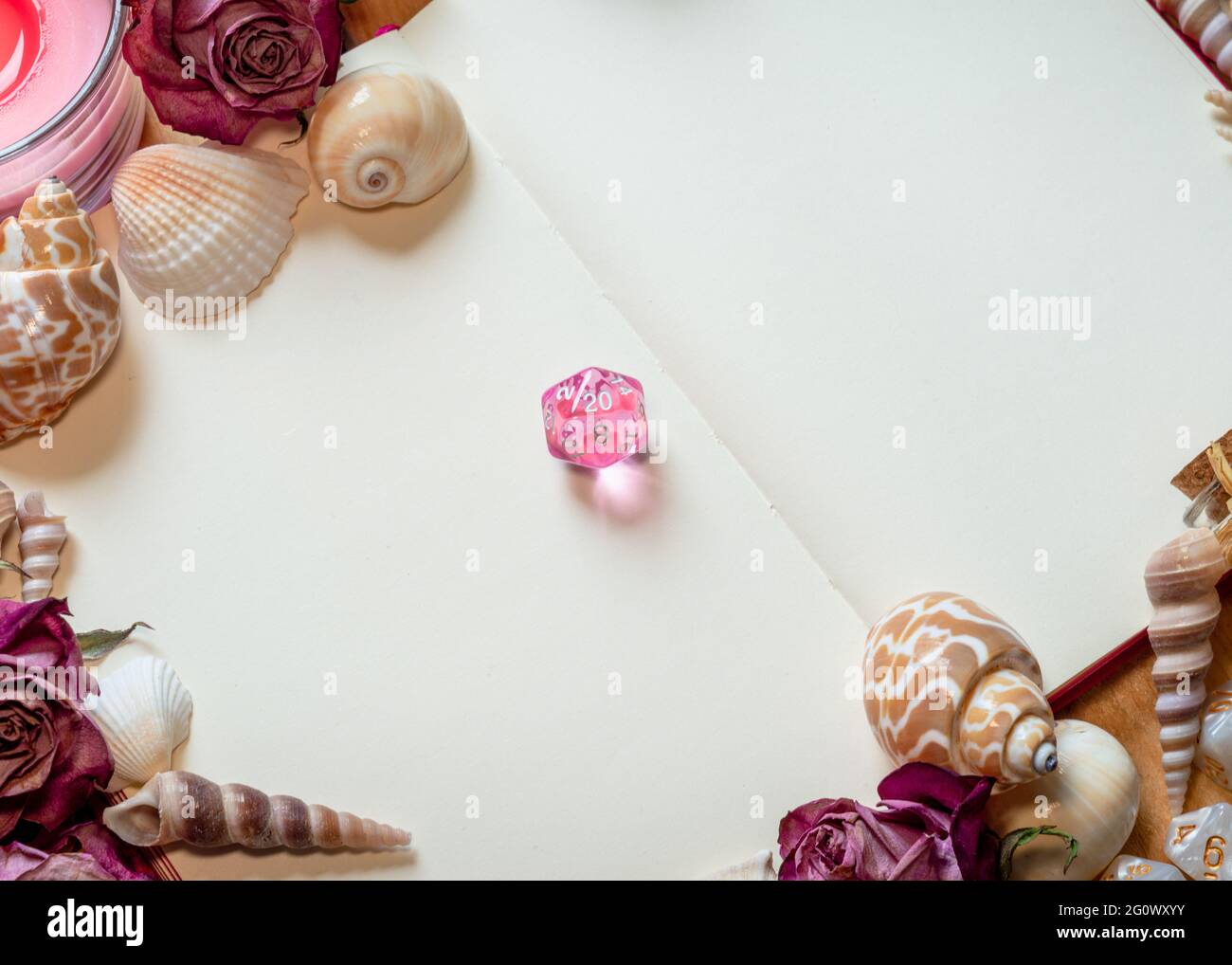 A Pink 20-sided transparent RPG gaming die on an open sketchbook framed ...