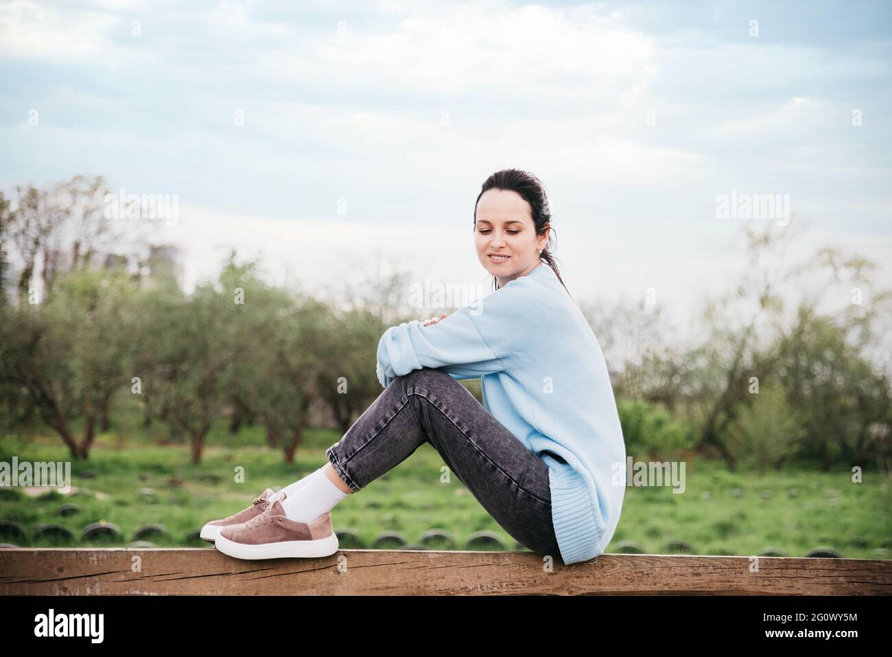 Freedom concept. Enjoyment. Young woman relaxing enjoying fresh air ...