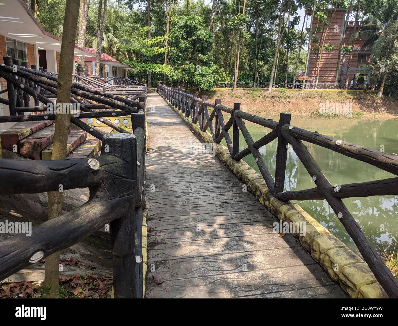 Wooden bridge surrounded by greenery near a lake Stock Photo - Alamy