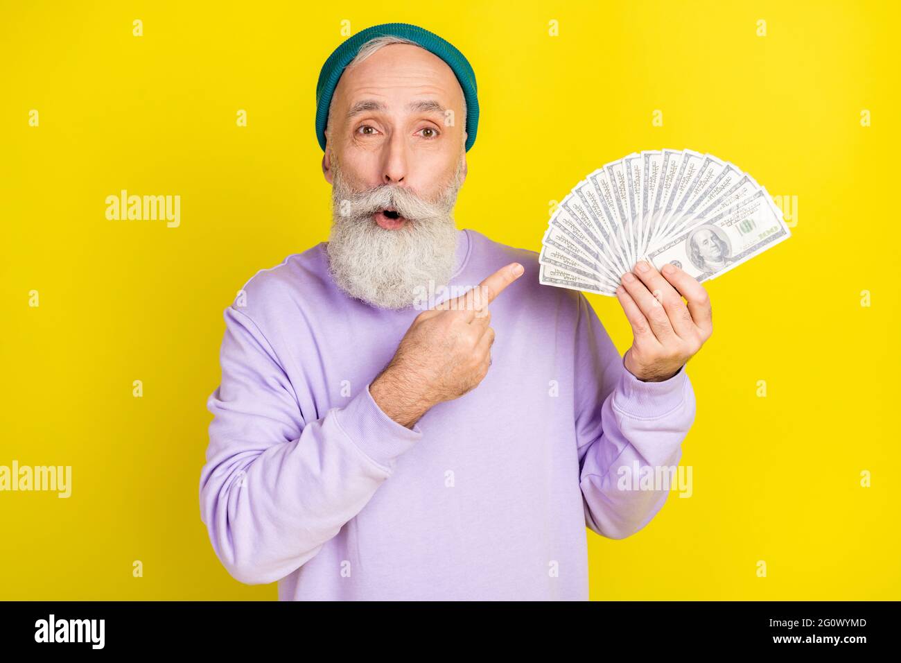 Photo of shocked funny age gentleman wear violet sweater headwear ...