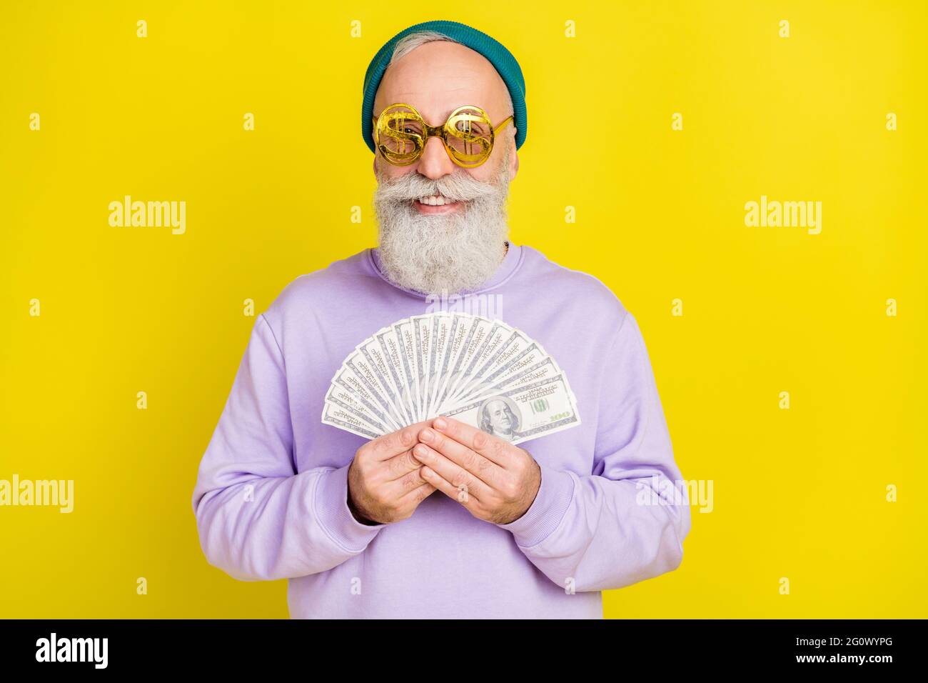 Photo of pretty funky mature man dressed purple pullover eyewear ...