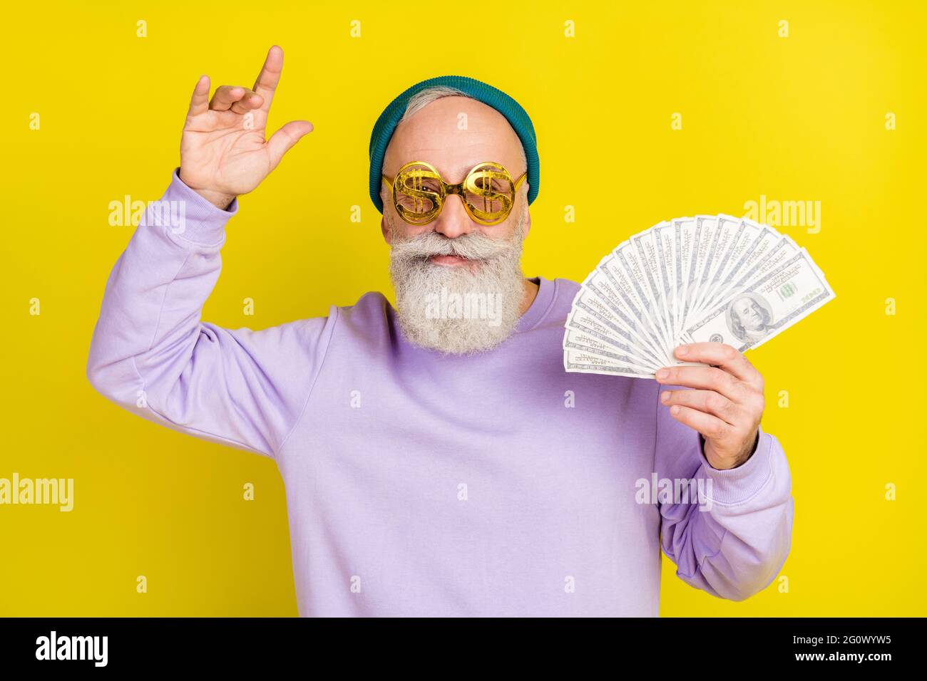 Photo of funny cute age gentleman wear violet sweater headwear ...