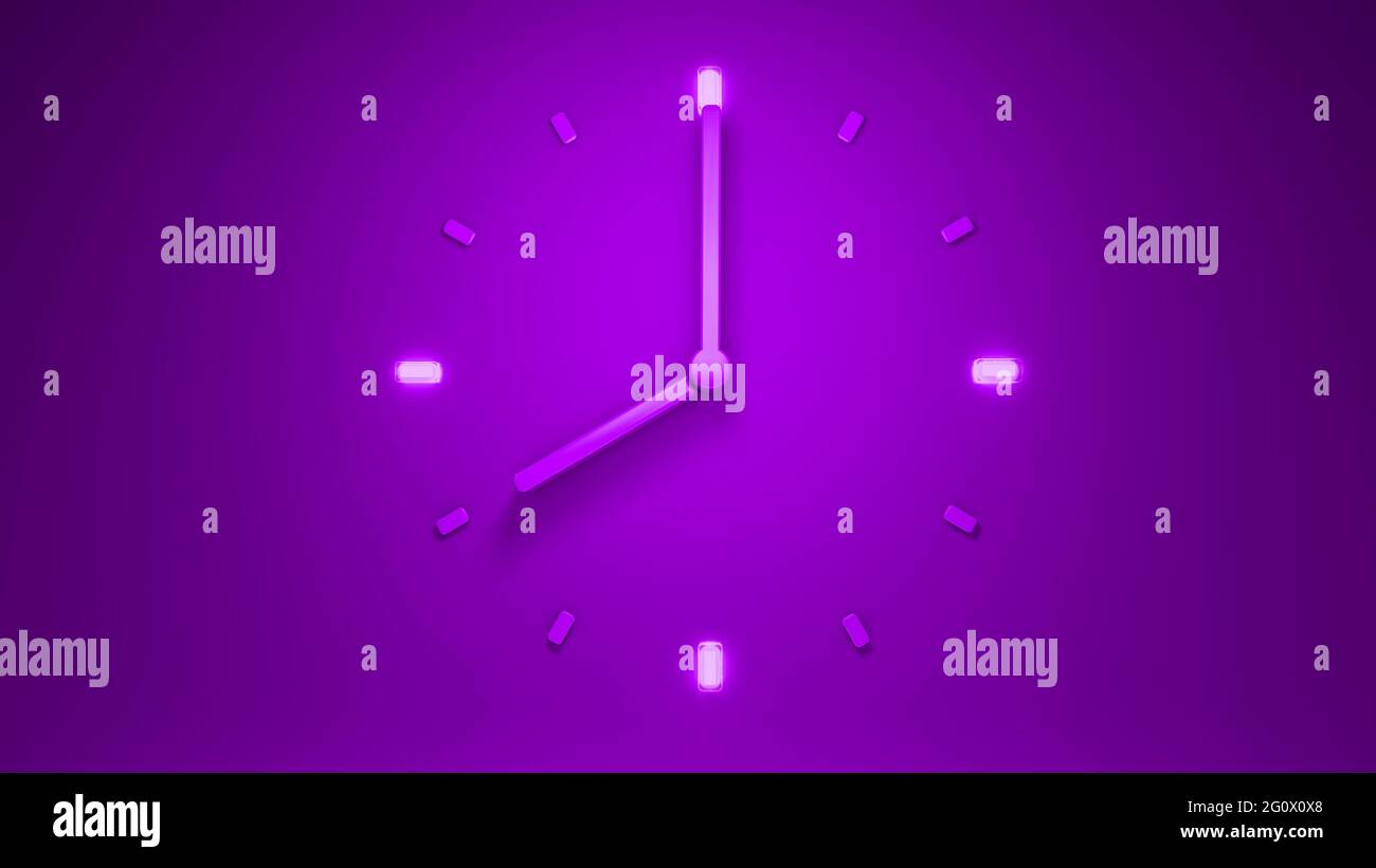 3D rendering of an illuminated purple clock showing eight o'clock Stock ...
