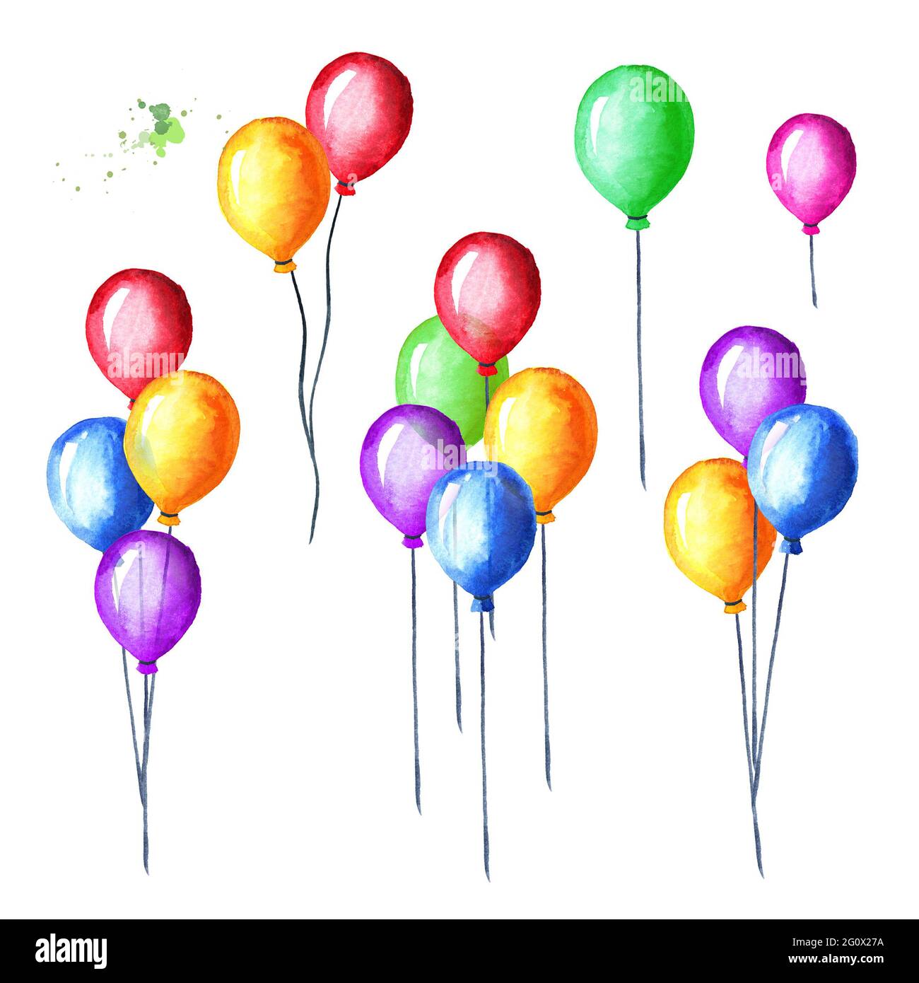 Colorful balloons set. Watercolor hand drawn illustration, isolated on ...