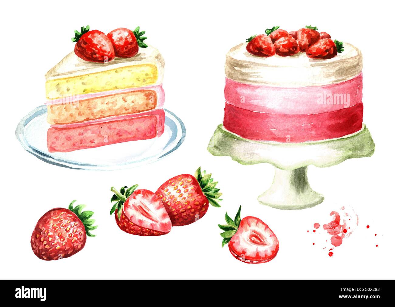 Strawberry cake set. Watercolor hand drawn illustration, isolated on ...