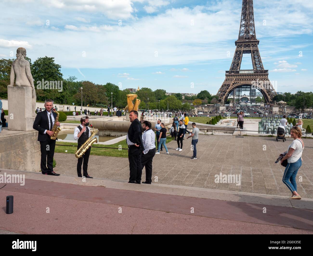 Paris, France, May 2021. A music band with trumpets and a saxophone ...