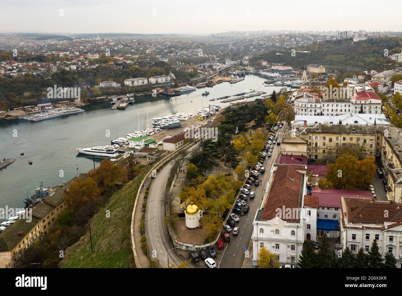 Bay with ships in the city. South Bay in Sevastopol with civilian and ...