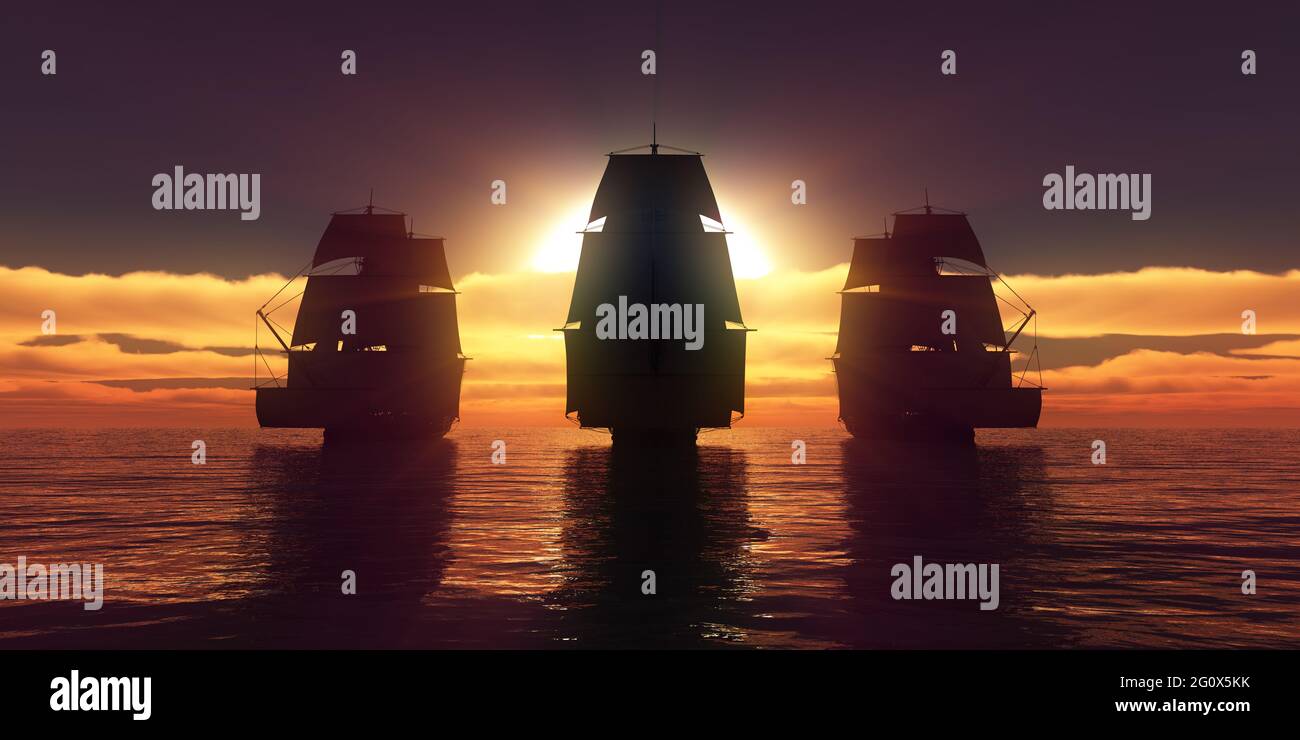 old three ships sunset at sea, 3d rendering illustration Stock Photo ...