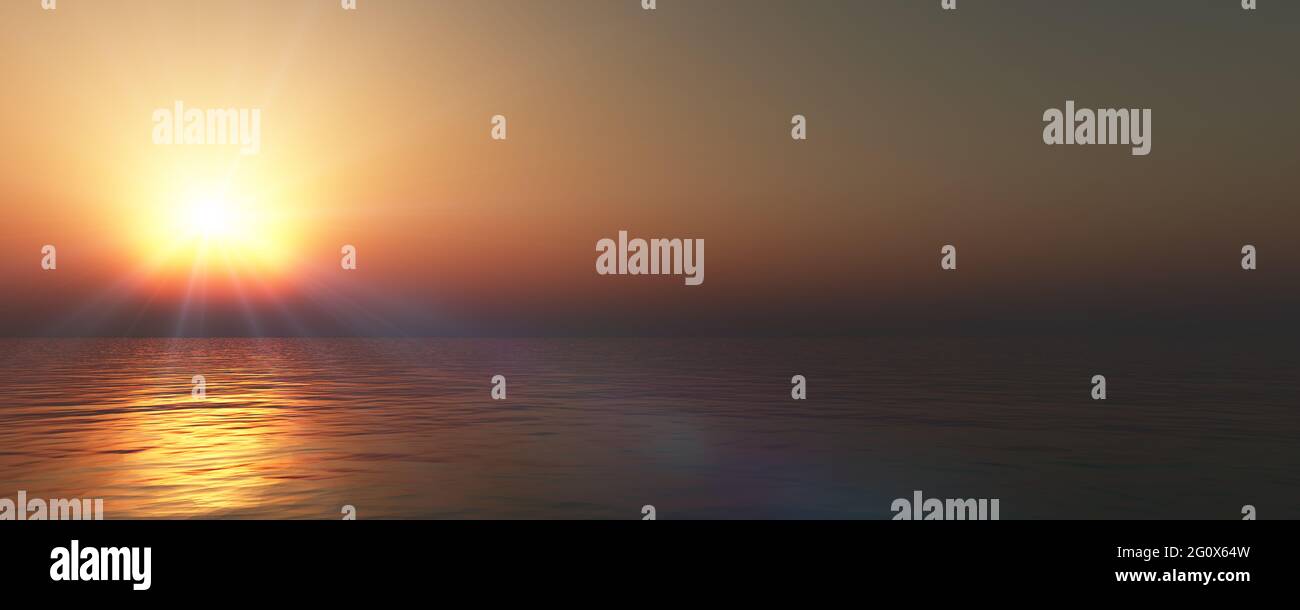 sunset sea sun ray clear sky, 3d rendering illustration Stock Photo - Alamy