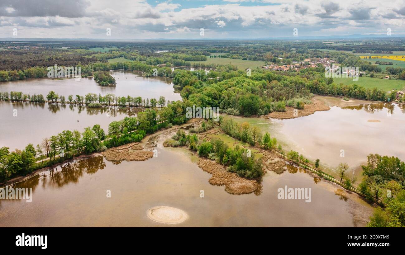 Aerial fresh spring landscape. Stunning view of fishpond systems ...