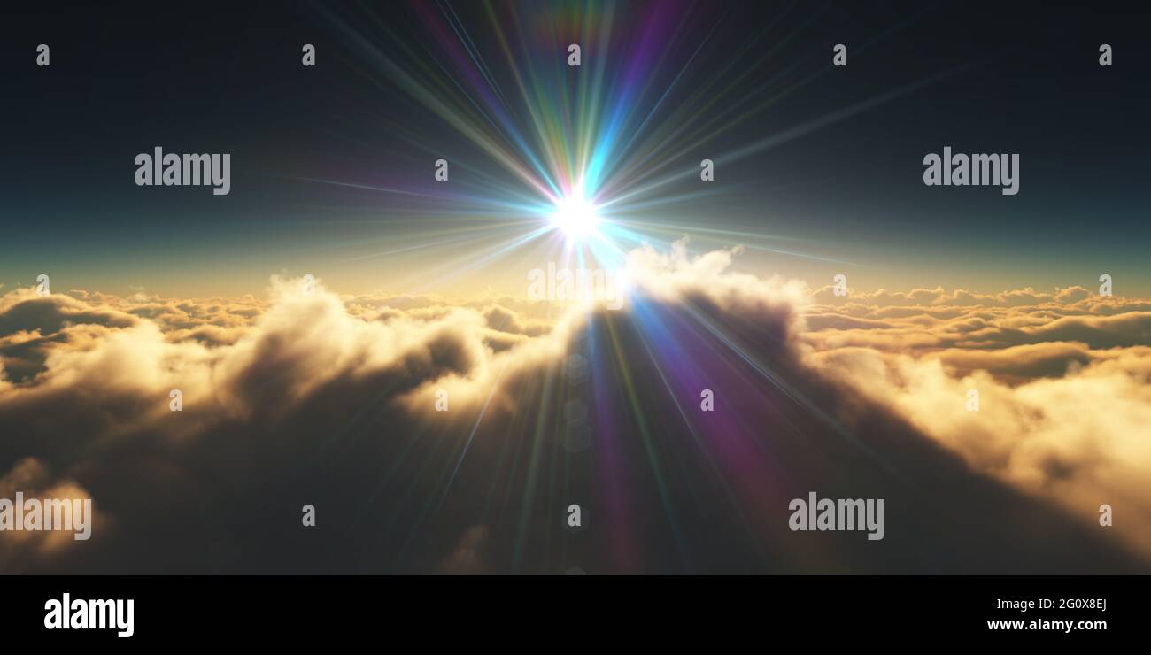 above clouds sunrise sun ray illustration, 3d rendering Stock Photo - Alamy
