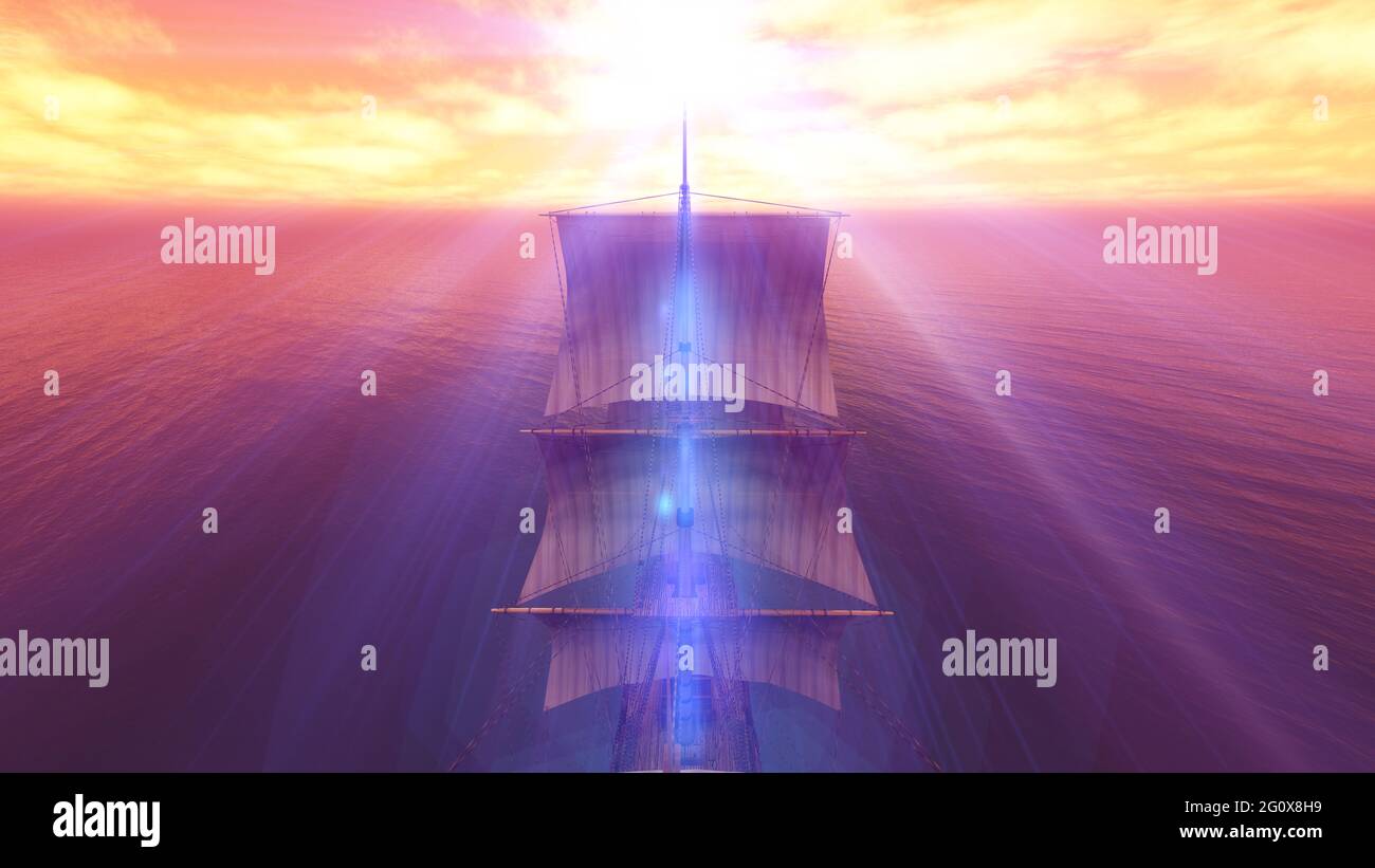 old ship sunset at sea 3d rendering illustration Stock Photo - Alamy