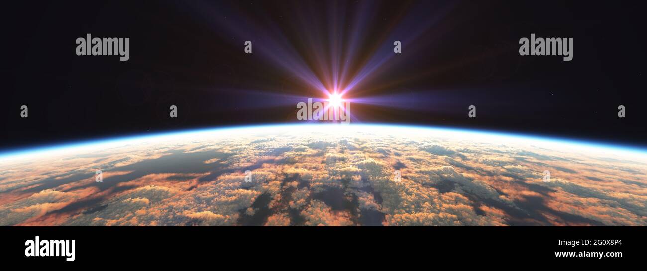 Earth sunrise from space over cloudy ocean. 3d rendering illustration ...