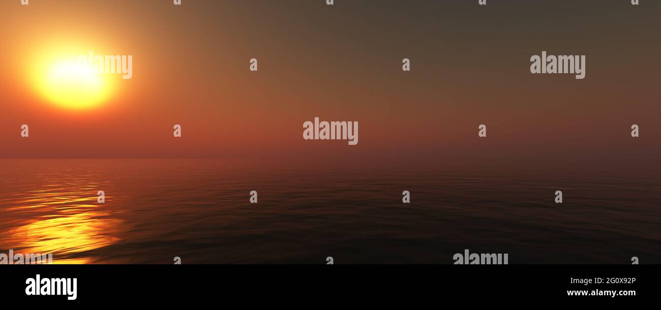 sunset sea sun ray clear sky, 3d rendering illustration Stock Photo - Alamy
