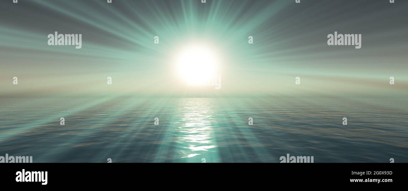 sunset sea sun ray clear sky, 3d rendering illustration Stock Photo - Alamy
